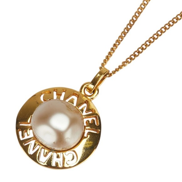 CHANEL | Jewelry | Chanel Logo Pearl Necklace Gold Plated Womens | Poshmark